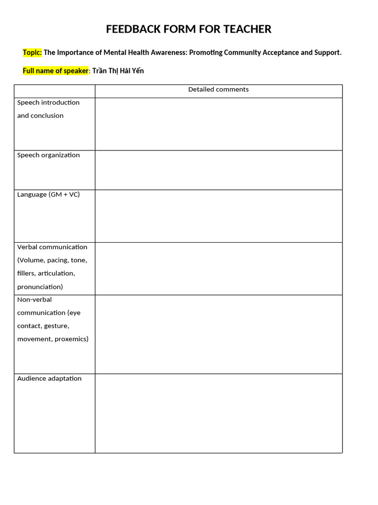 Final Speech - Feedback Form For Teacher | PDF
