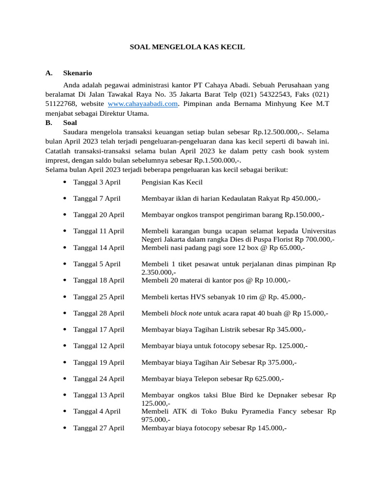 Soal Pengelolaan Kas Kecil PT Cahaya Abadi | PDF