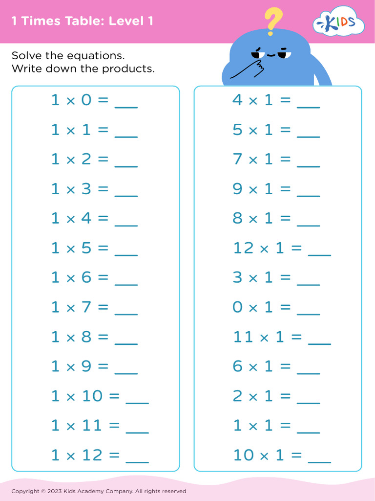1 Times Table_ Level 1 Printable Worksheet PDF | PDF