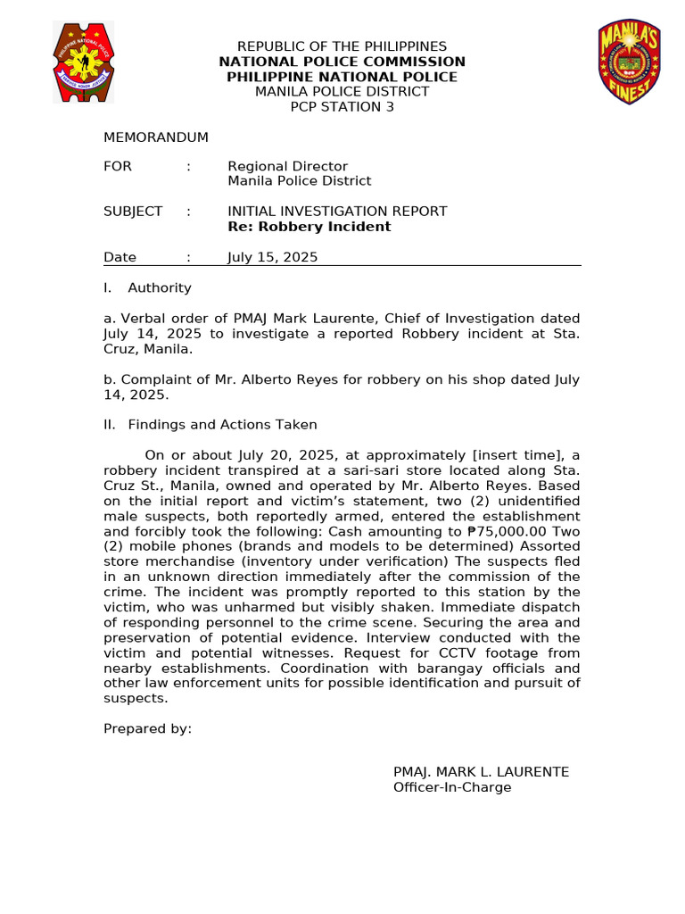 Initial Investigation Report: Robbery Case | PDF