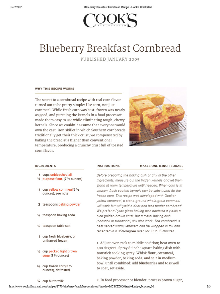 Blueberry Breakfast Cornbread Recipe - Cook's Illustrated | PDF | Baking | Breads