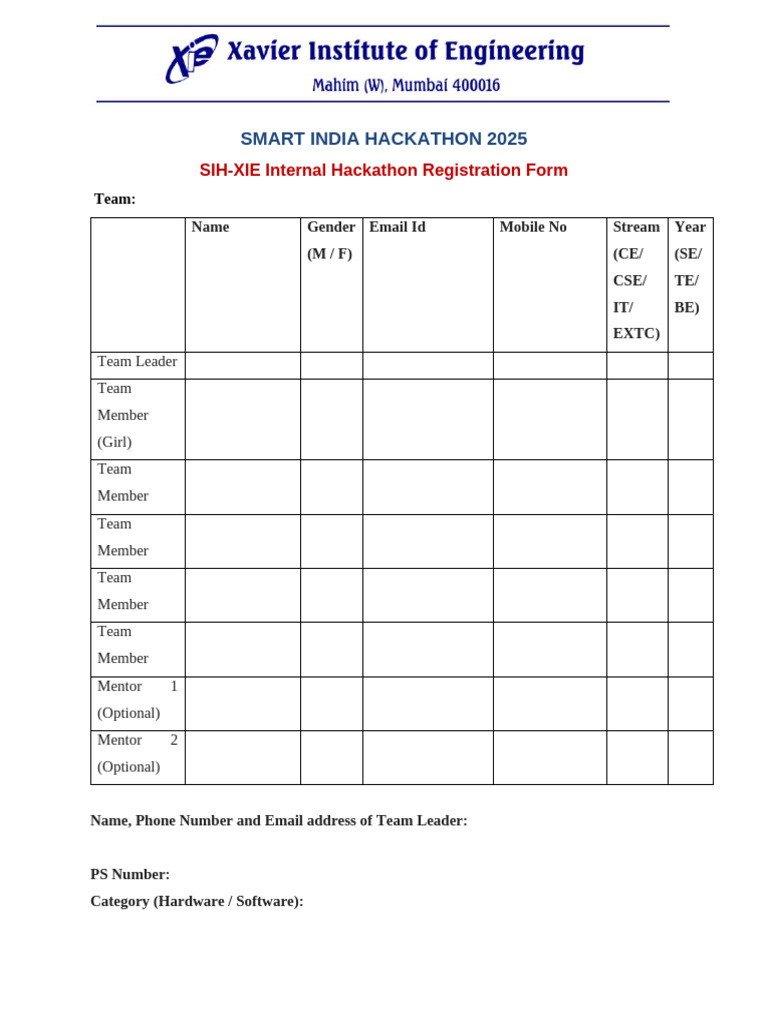 SIH-XIE Internal Hackathon Registration Form - 2025 | PDF