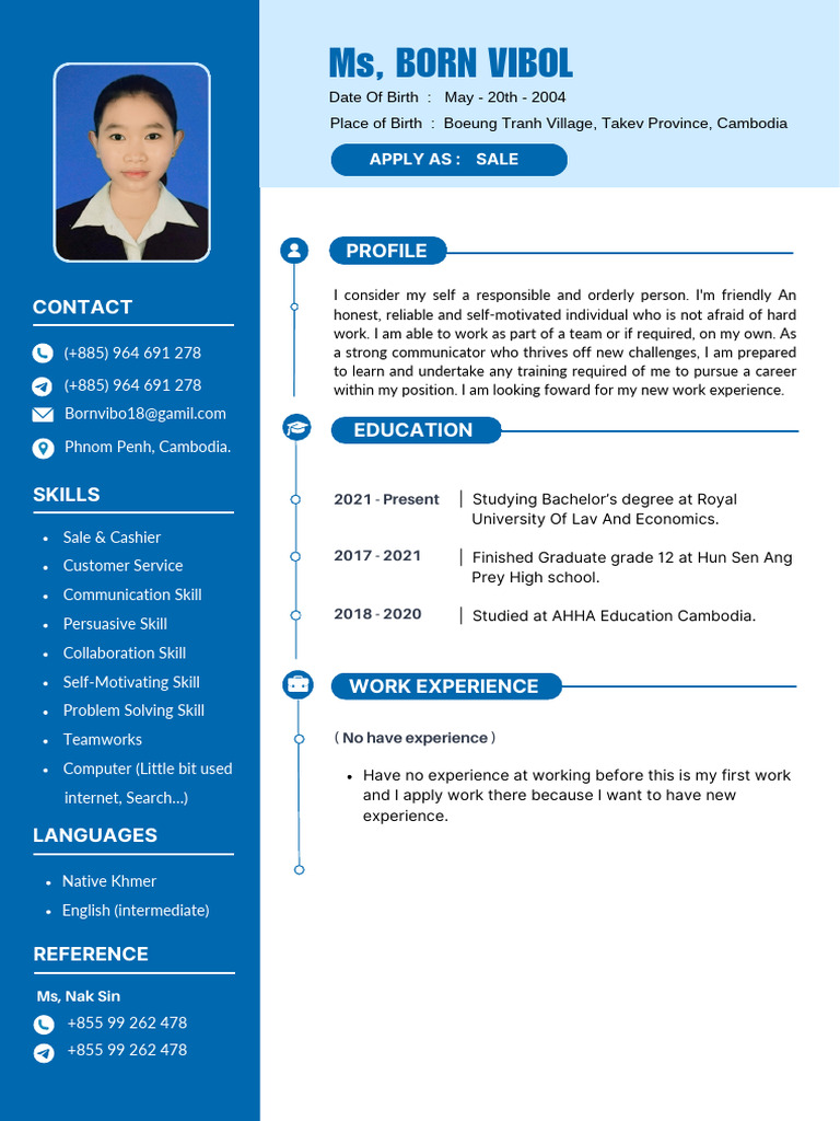 CV for Student Sales Position in Cambodia | PDF | Cambodia