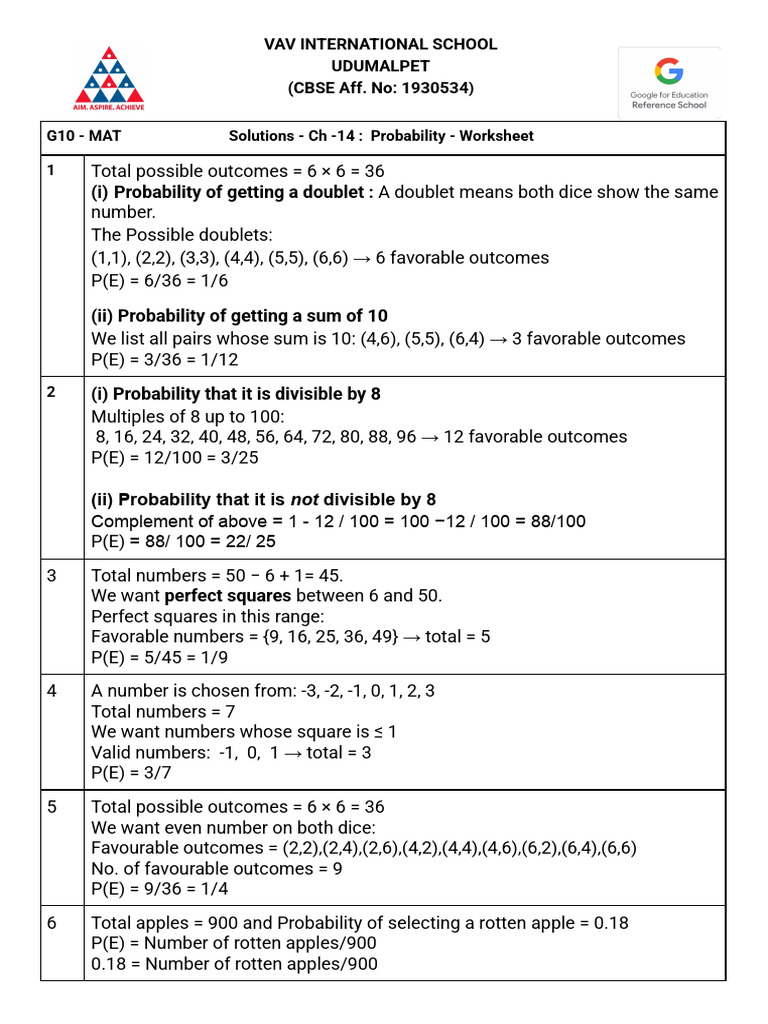 Probability Worksheet for G10 Students | PDF | Odds | Probability