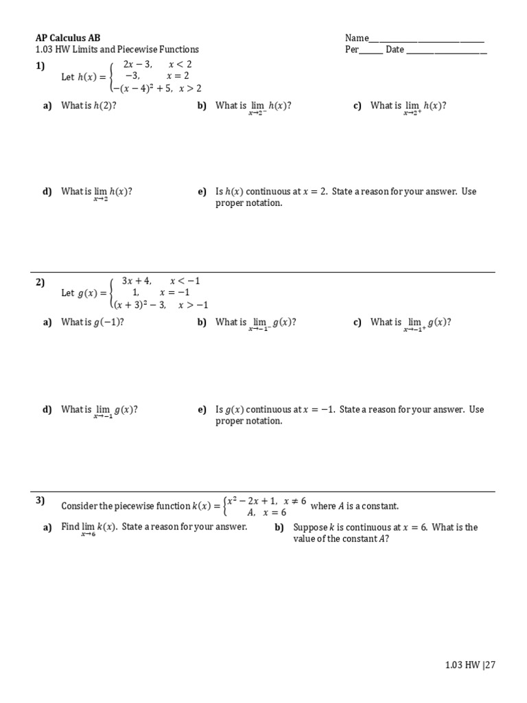 1.03 HW Limits and Piecewise Functions (with Answer Key) | PDF ...