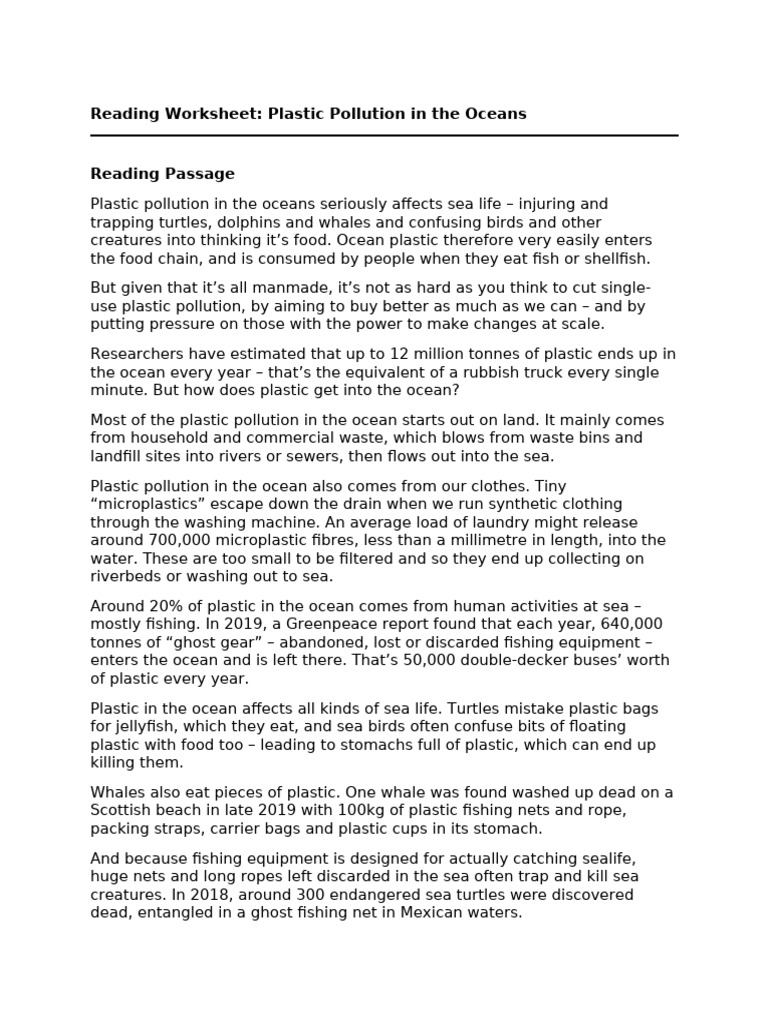 Plastic Pollution Worksheet - Enhanced | PDF | Sea | Natural Environment