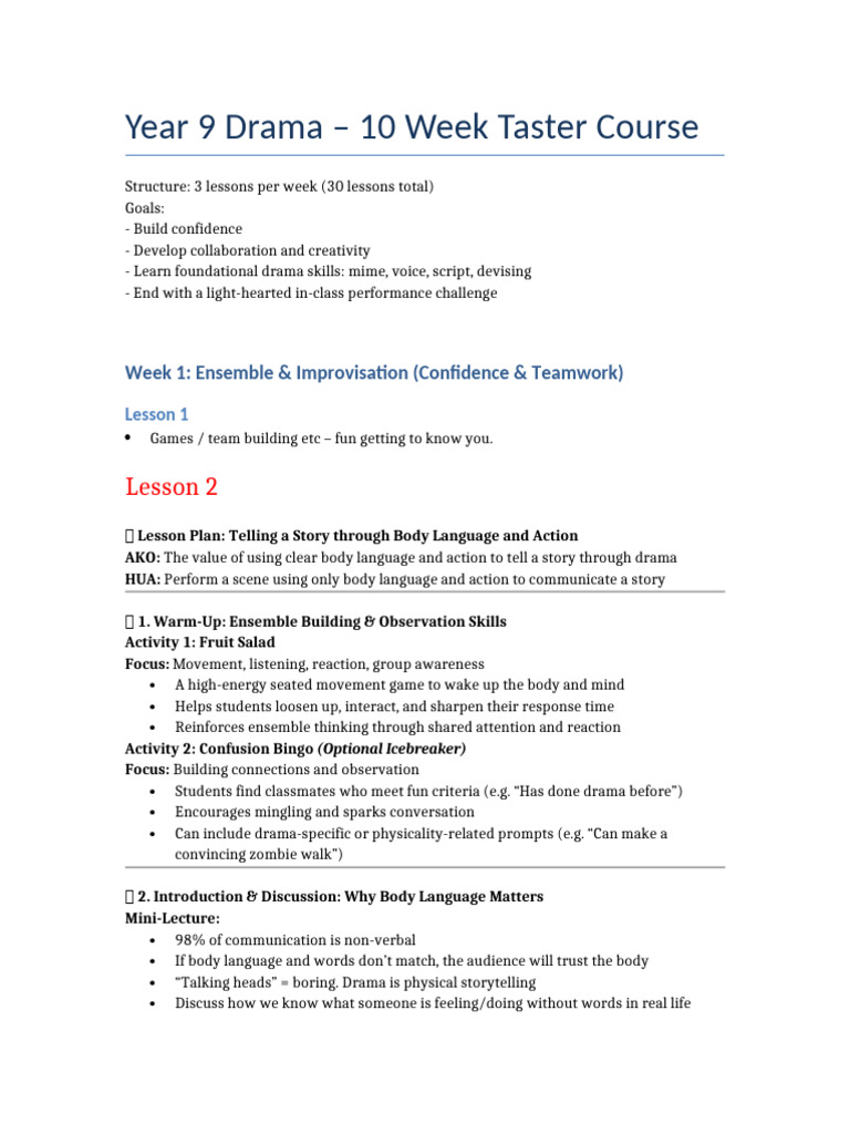 Year 9 Drama: 10-Week Course Overview | PDF | Body Language ...