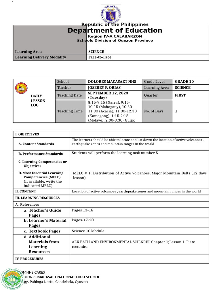 Grade 10 Science Daily Lesson Log | PDF | Learning