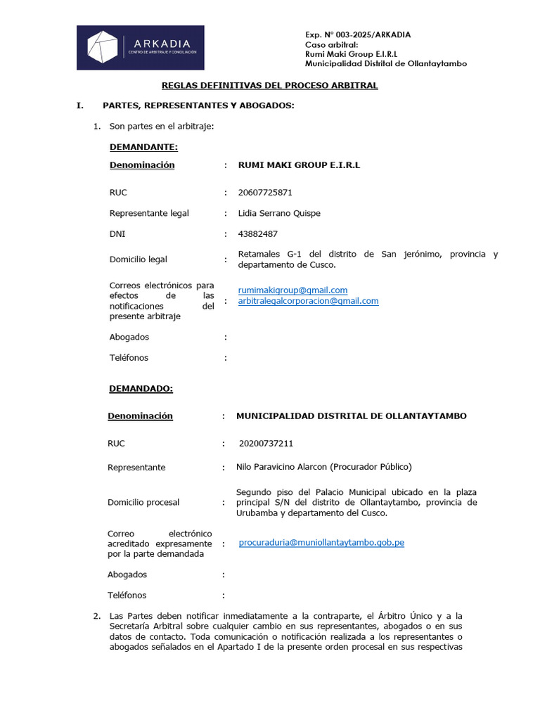 Reglas Definitivas Del Proceso Arbitral | PDF | Arbitraje | Árbitro