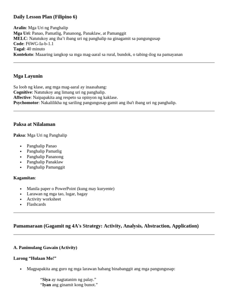 Daily Lesson Plan Filipino 6 - Uri NG Panghalip | PDF