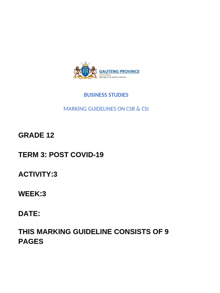 Business Studies Grade 12 Activity 3-Csr & Cs1 Memo-Post Covid | PDF | Corporate Social ...