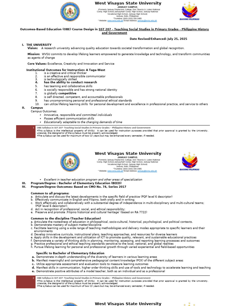 OBE Syllabus for SST 207: Philippine History | PDF | Learning ...