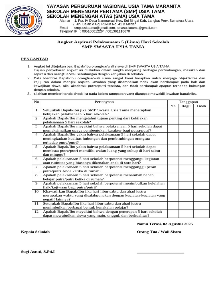 Angket Aspirasi Pelaksanaan 5 (Lima) Hari Sekolah | PDF