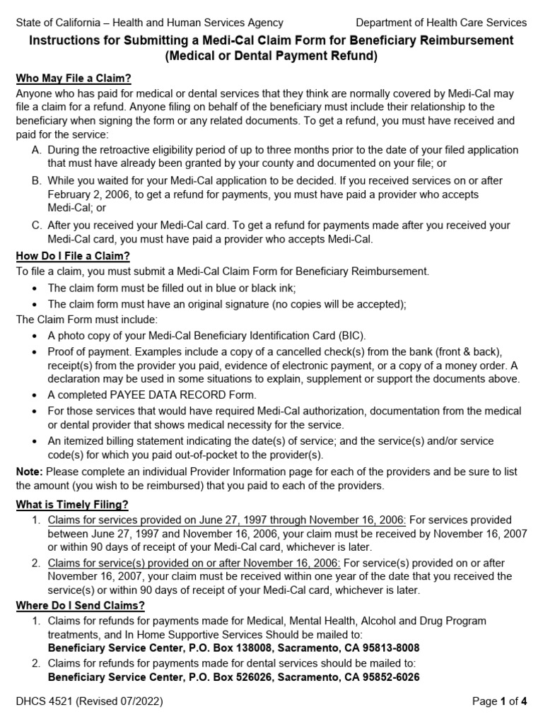 DHCS 4521 Medi Cal Claim Form For Beneficiary Reimbursement | PDF ...