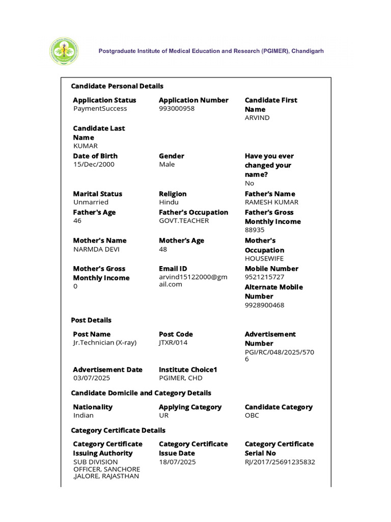 PGIMER Application Form | PDF