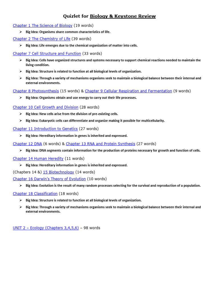 Quizlets For Vocabulary and Concepts For EACH CHAPTER For CP Biology ...