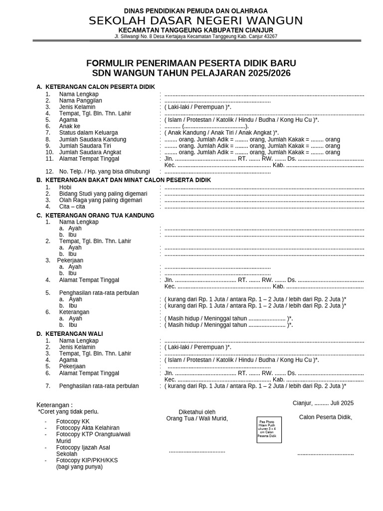 Formulir Pendaftaran Siswa Baru SDN Wangun | PDF