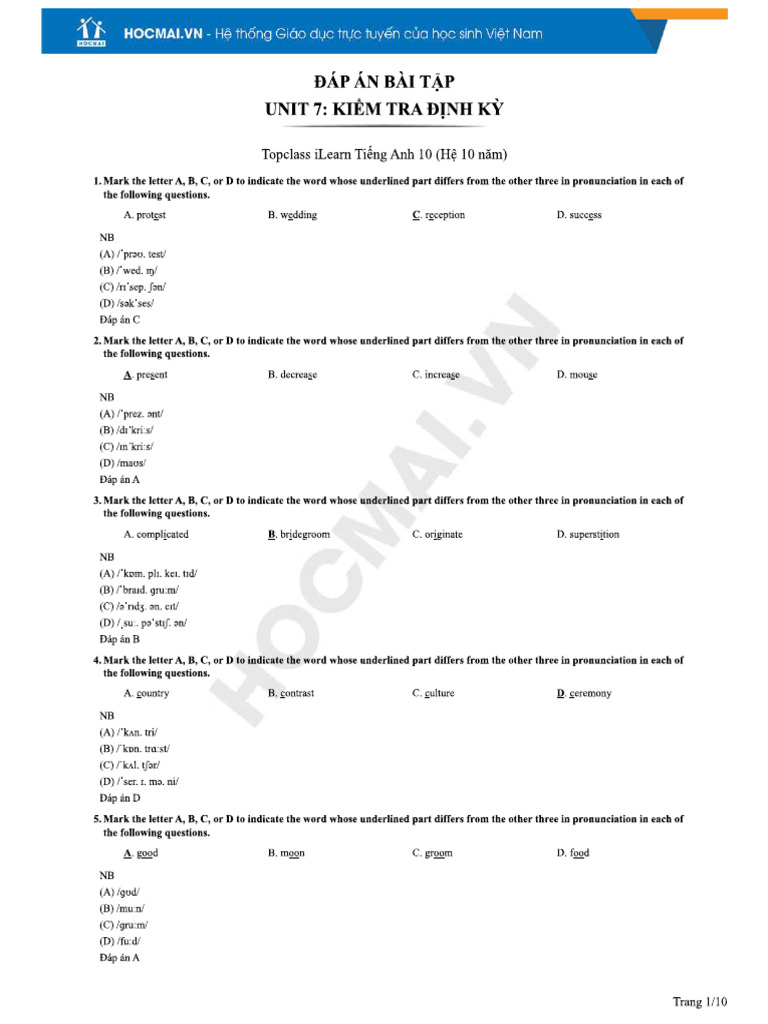 Unit 7 Đáp Án | PDF