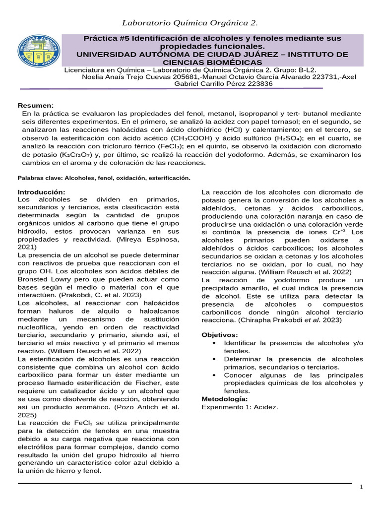 Práctica 5 Identificación de Alcoholes y Fenoles | PDF | Ester | Ácido carboxílico