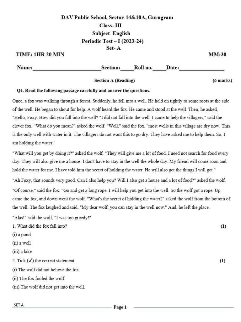 English Periodic Test - Class III | PDF