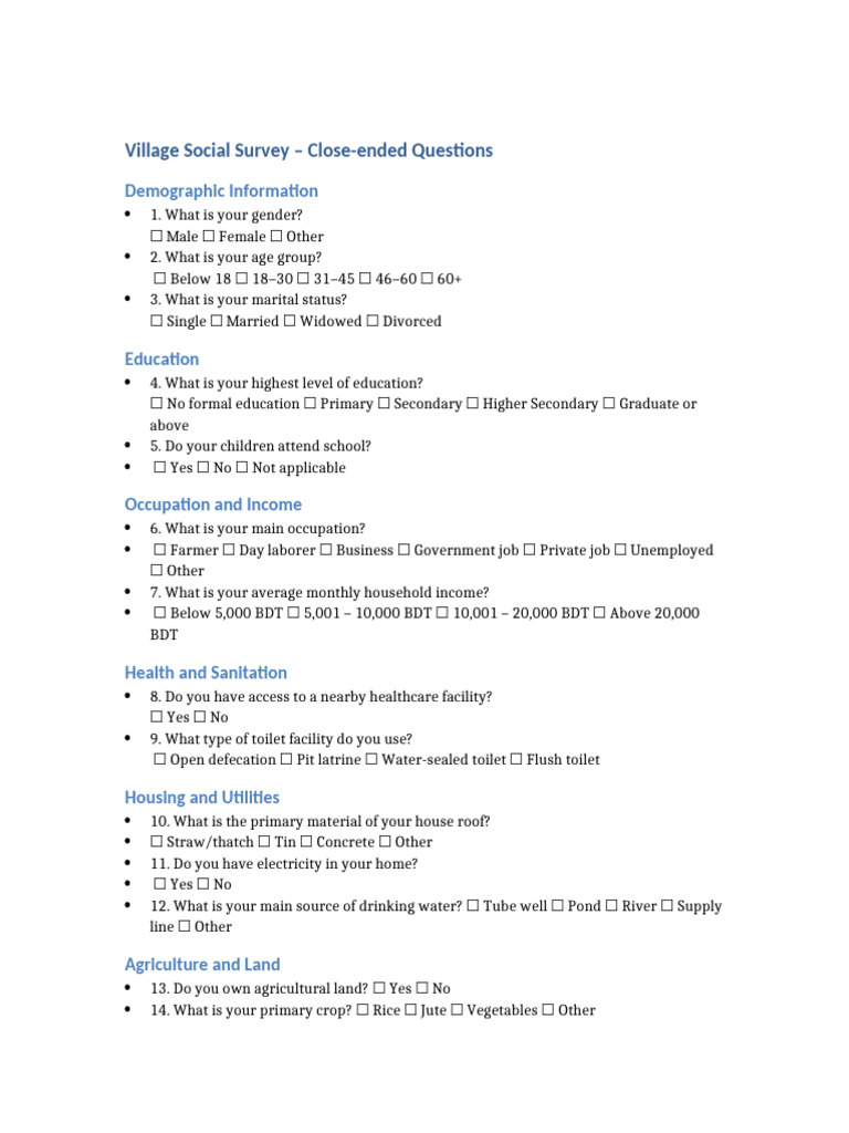 Village Social Survey Questions | PDF