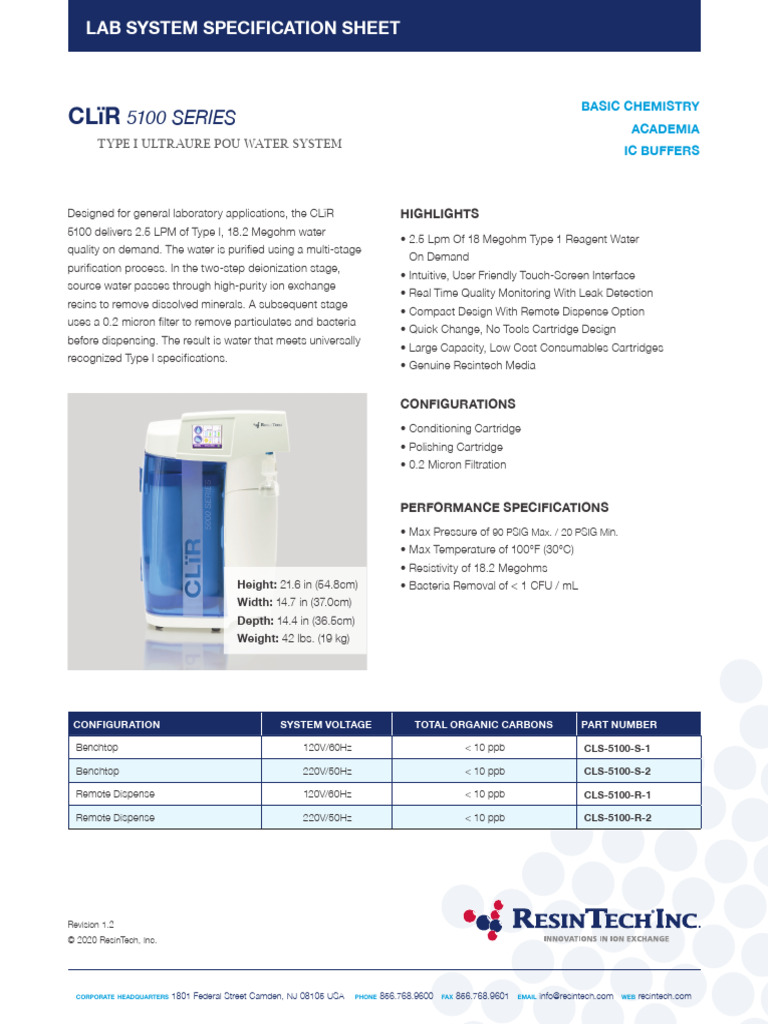 Lab System Specification Sheet - CLïR 5100 Type I (2020) | PDF ...