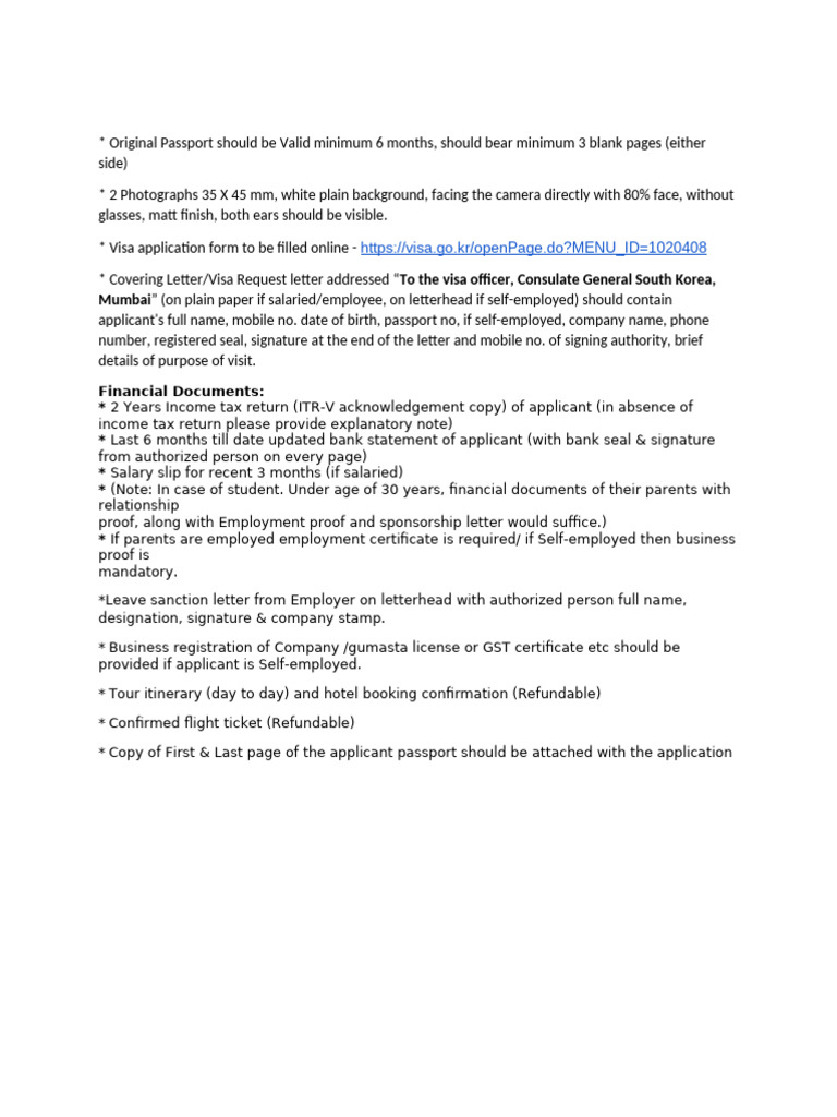 South Korea Tourist Visa Checklist | PDF