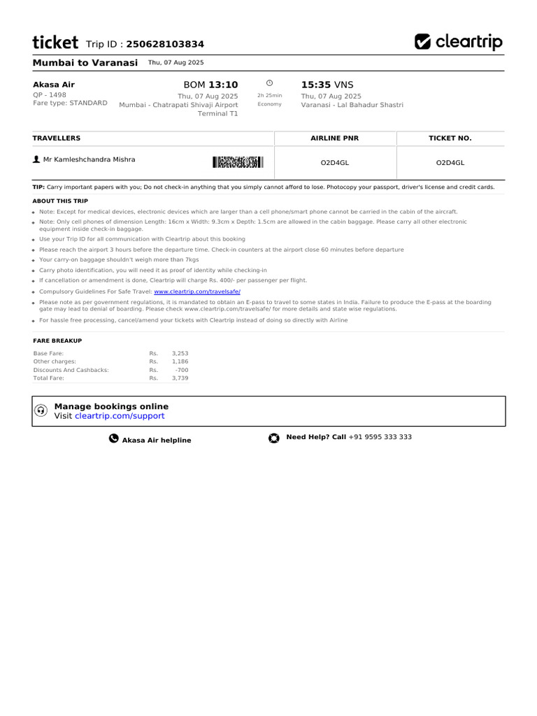 Cleartrip Flight Domestic E-Ticket | PDF | Identity Document | Transport
