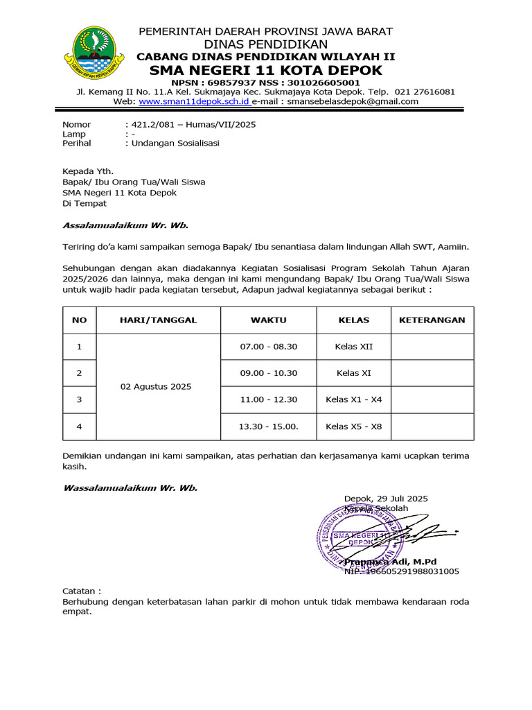 Surat Und. Sosialisasi Keg. Sekolah 2 Agst 25 | PDF