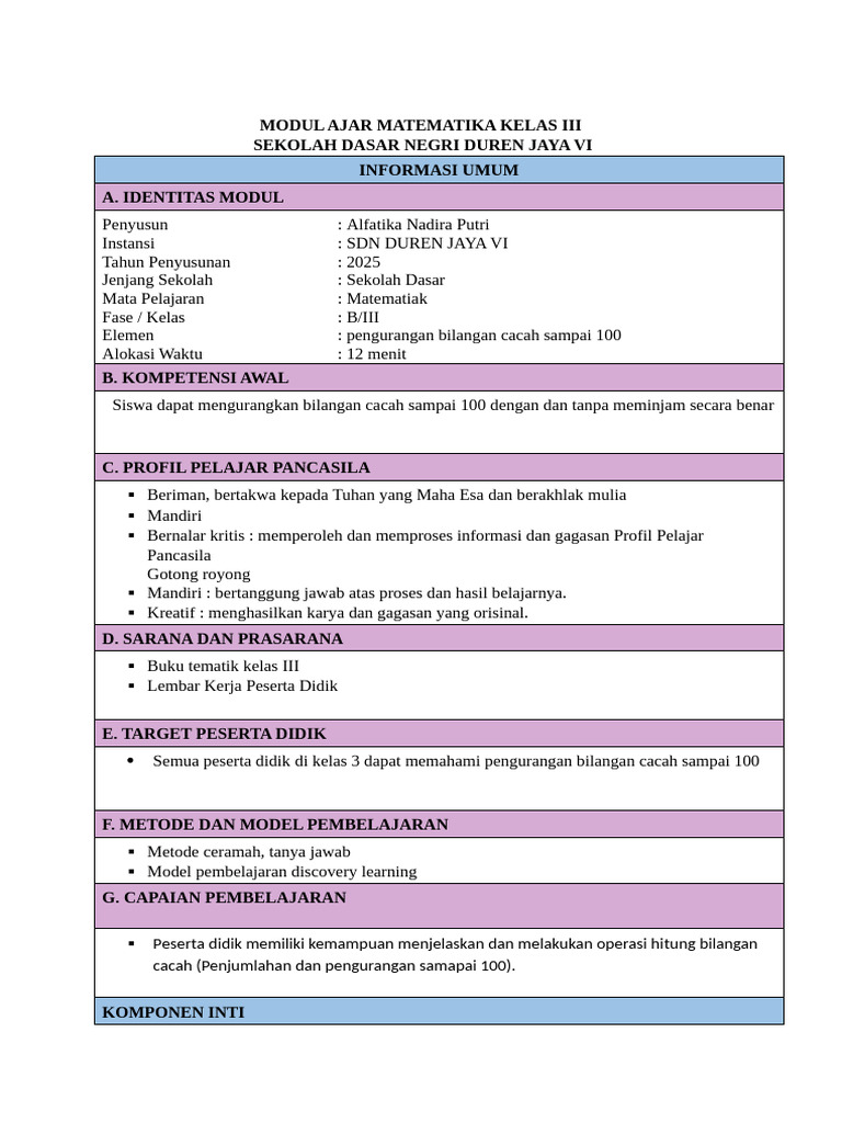 Modul Ajar Pengurangan Bilangan Cacah | PDF
