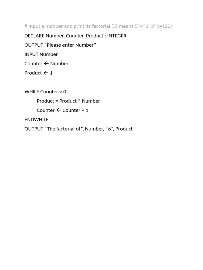 Calculate Factorial in Pseudocode (Basic) | PDF