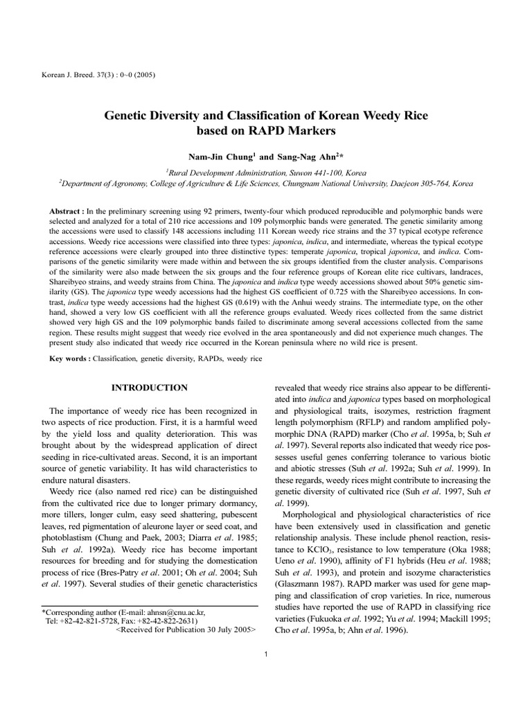 Genetic Diversity and Classification of Korean Weedy Rice based on RAPD ...