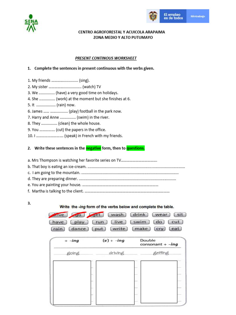 Present Continous Worksheet | PDF