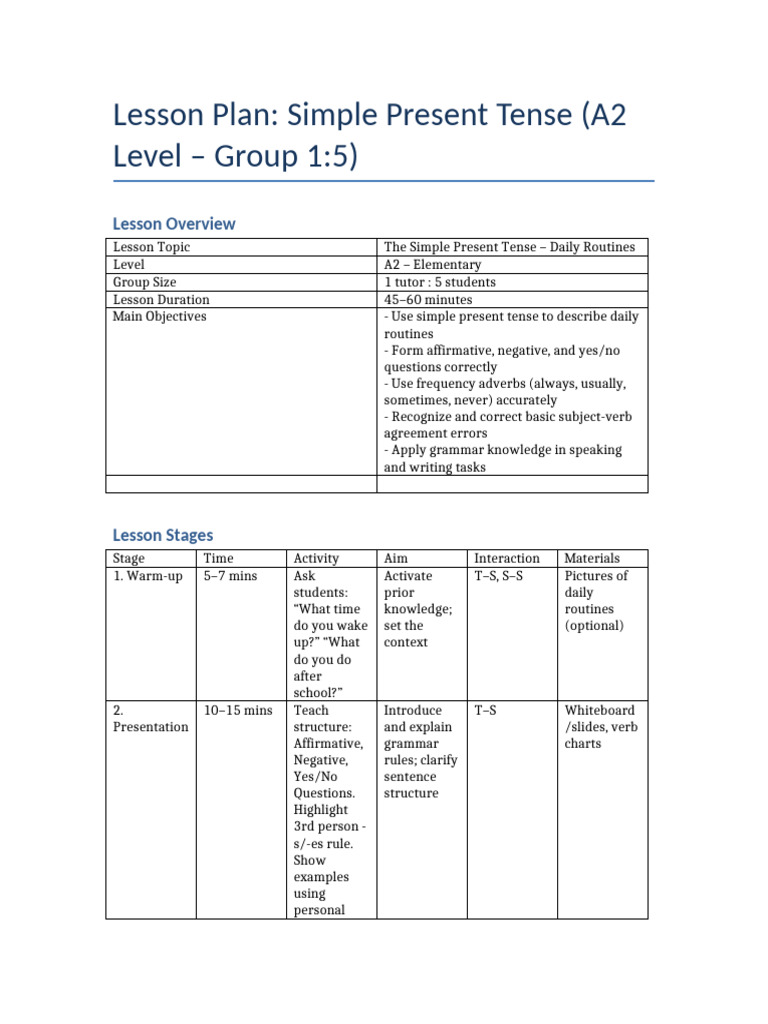 Simple Present Tense Lesson Plan A2 | PDF | Lesson Plan | Grammar
