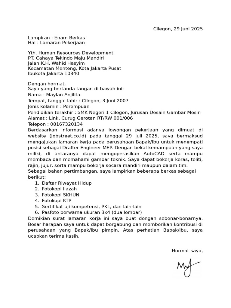 Surat Lamaran Kerja Maylan | PDF