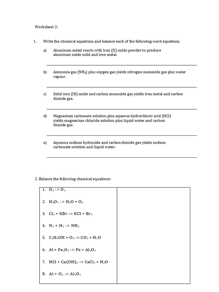 Worksheet 2 Chemical Equations | PDF
