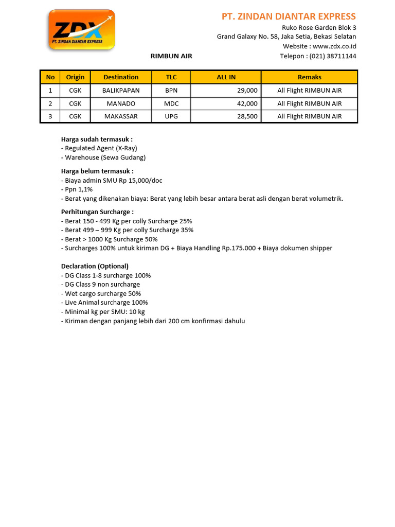 Tarif Pengiriman RIMBUN AIR Bekasi | PDF