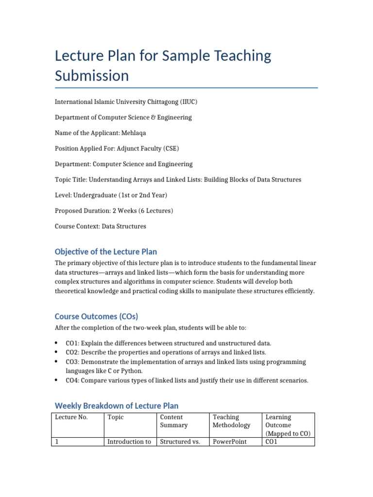 Arrays and Linked Lists Lecture Plan | PDF | Data Structure | Computer ...