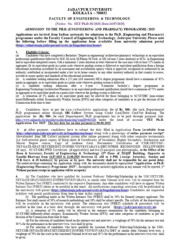 PHD Admission Notification FET 2025 Final | PDF | Catalysis | Machine Learning