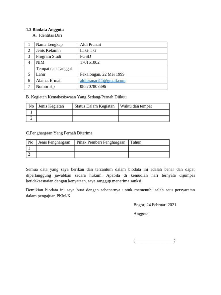 Biodata Anggota Aldi Pranari | PDF