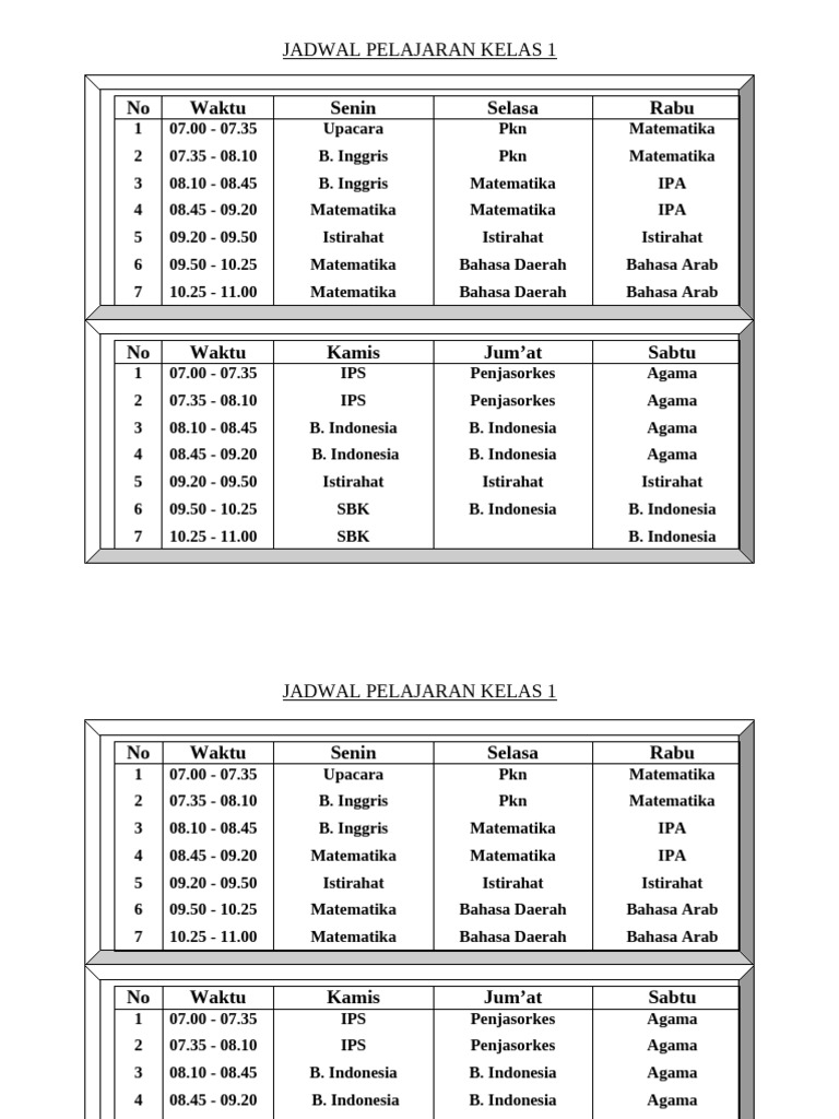 Jadwal Pelajaran Kelas 2 | PDF