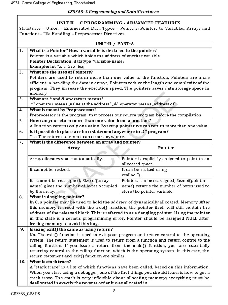 III Eee Cs3353 Cp&Ds QB Unit2 | PDF | Pointer (Computer Programming ...