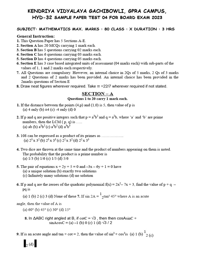 Class X Mathematics Sample Paper 2023 | PDF | Circle | Area