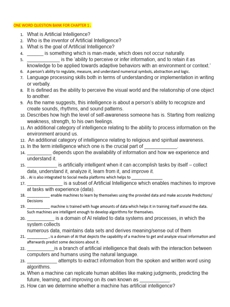 Class 10 AI Chapter 1 Question Bank | PDF | Artificial Intelligence ...