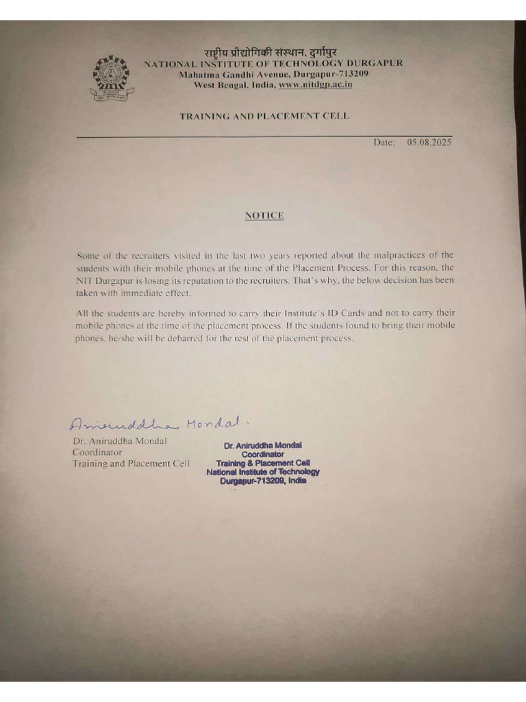 Notice Campus Placement NITD | PDF
