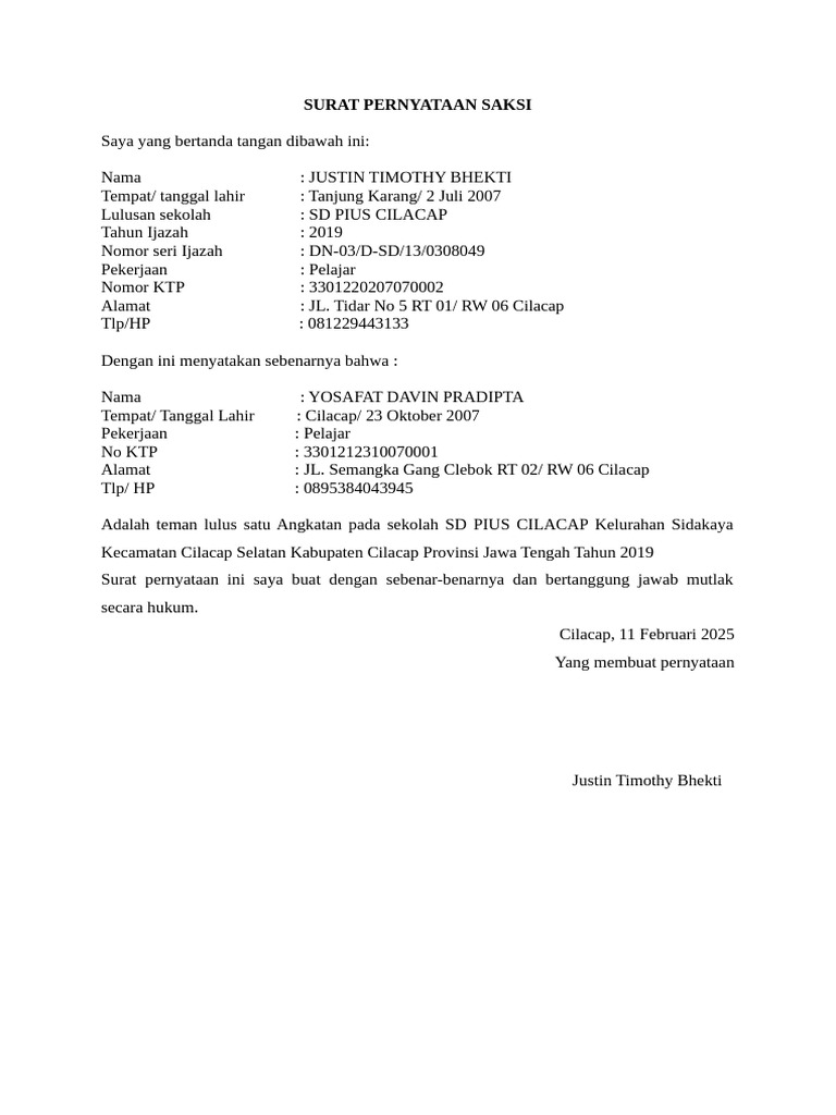 Surat Pernyataan Saksi Ijazah | PDF