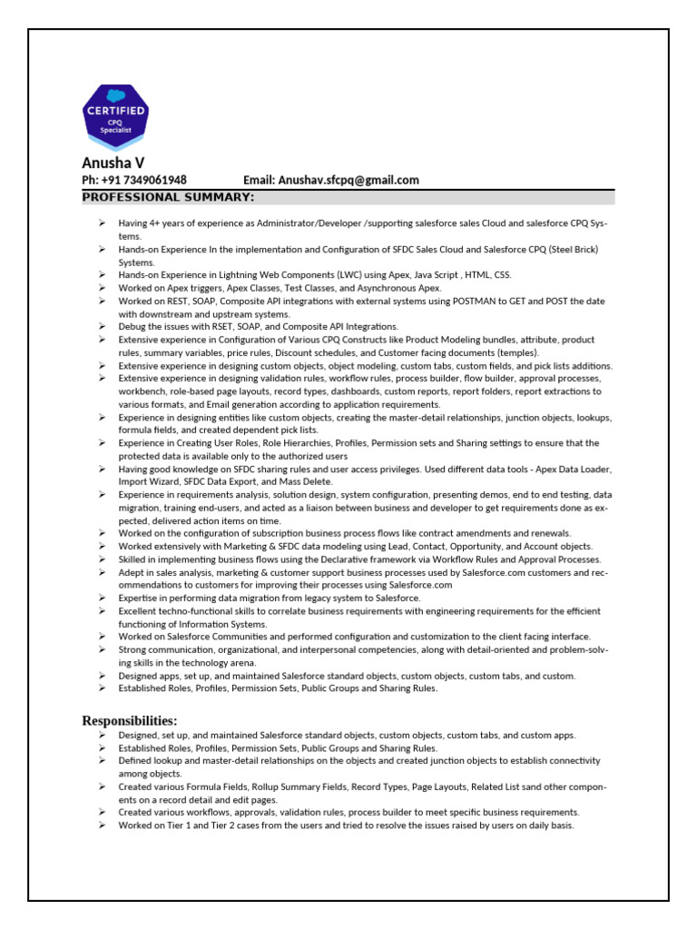 Salesforce CPQ Resume-Anusha | PDF | Cloud Computing | Business Process
