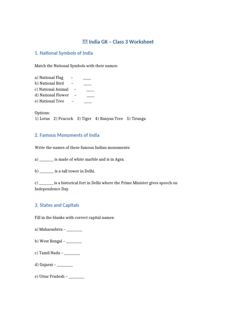 India GK Class3 Worksheet | PDF