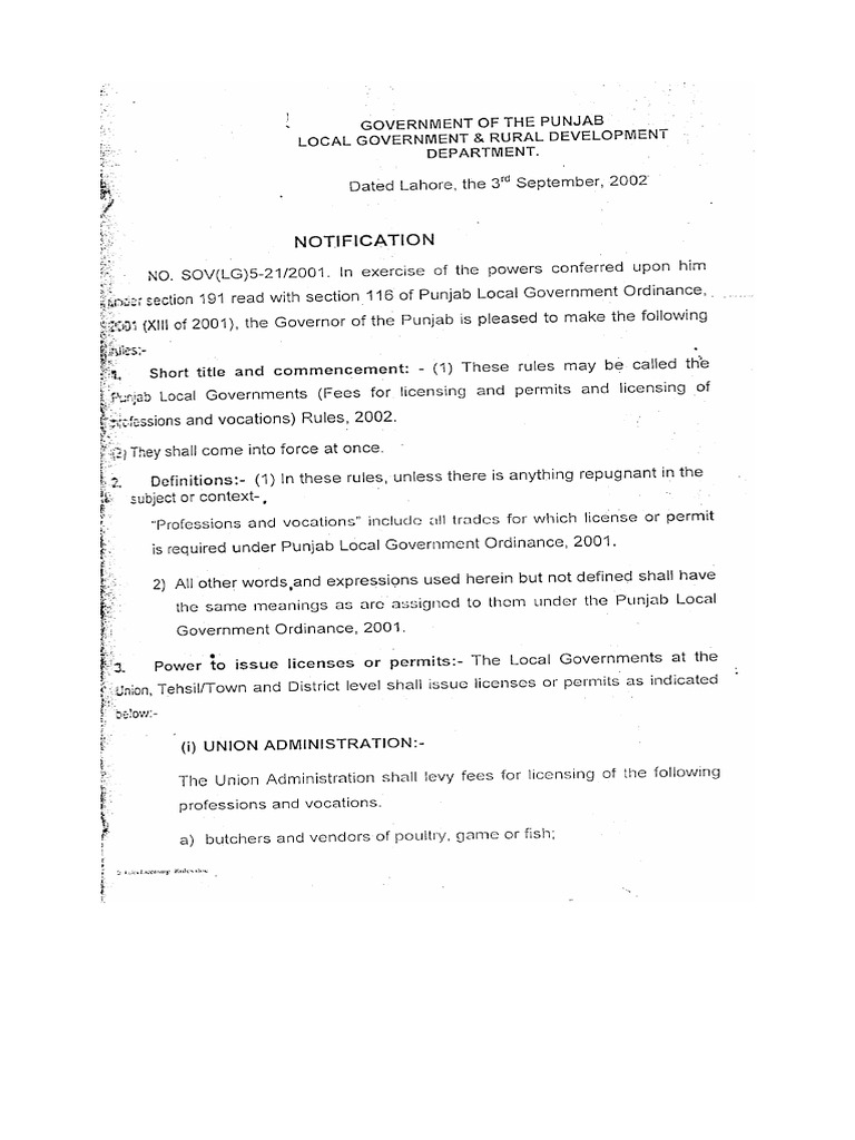 Punjab Local Government Fees For Licensing and Permits and Licensing of ...