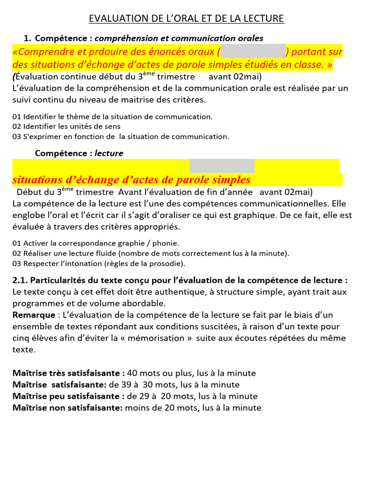 Évaluation de l'oral et de la lecture | PDF
